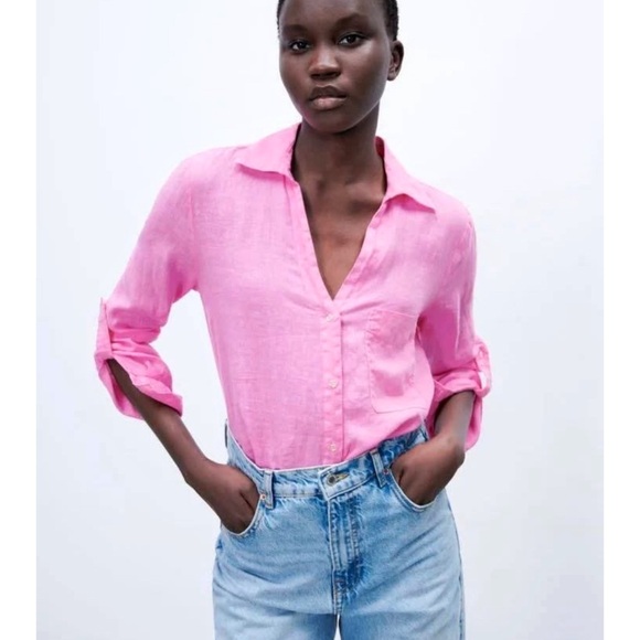 Zara | Tops | Zara 0 Linen Roll Tab Button Up Shirt Medium Pink Coastal ...